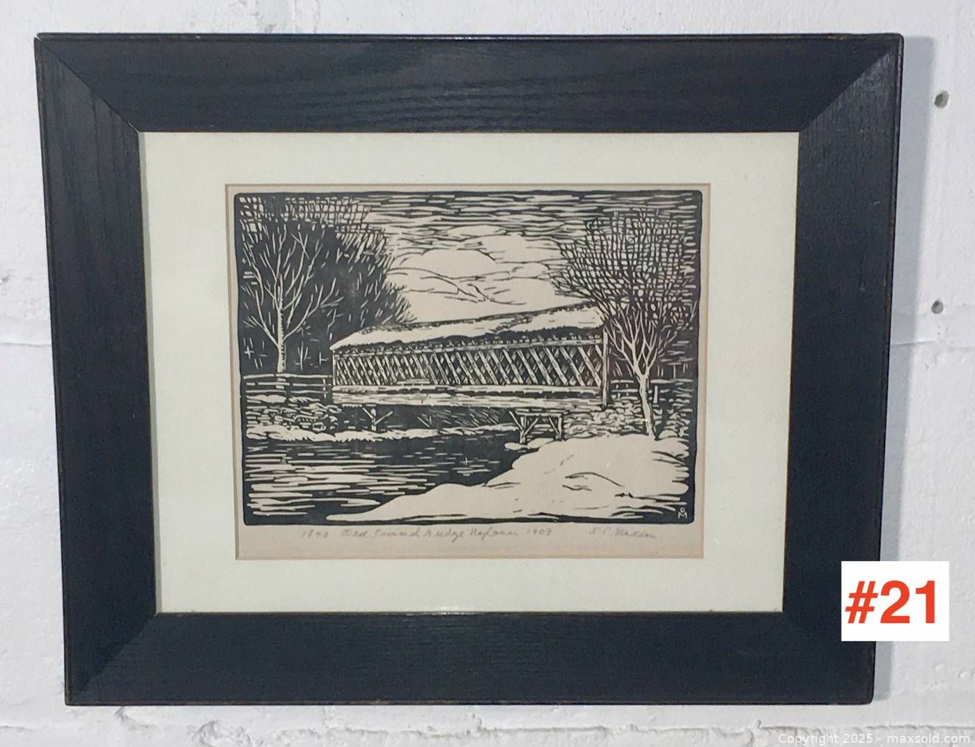 O.C. Madden 1909 woodcut print "Old Covered Bridge, Napanee" framed ...
