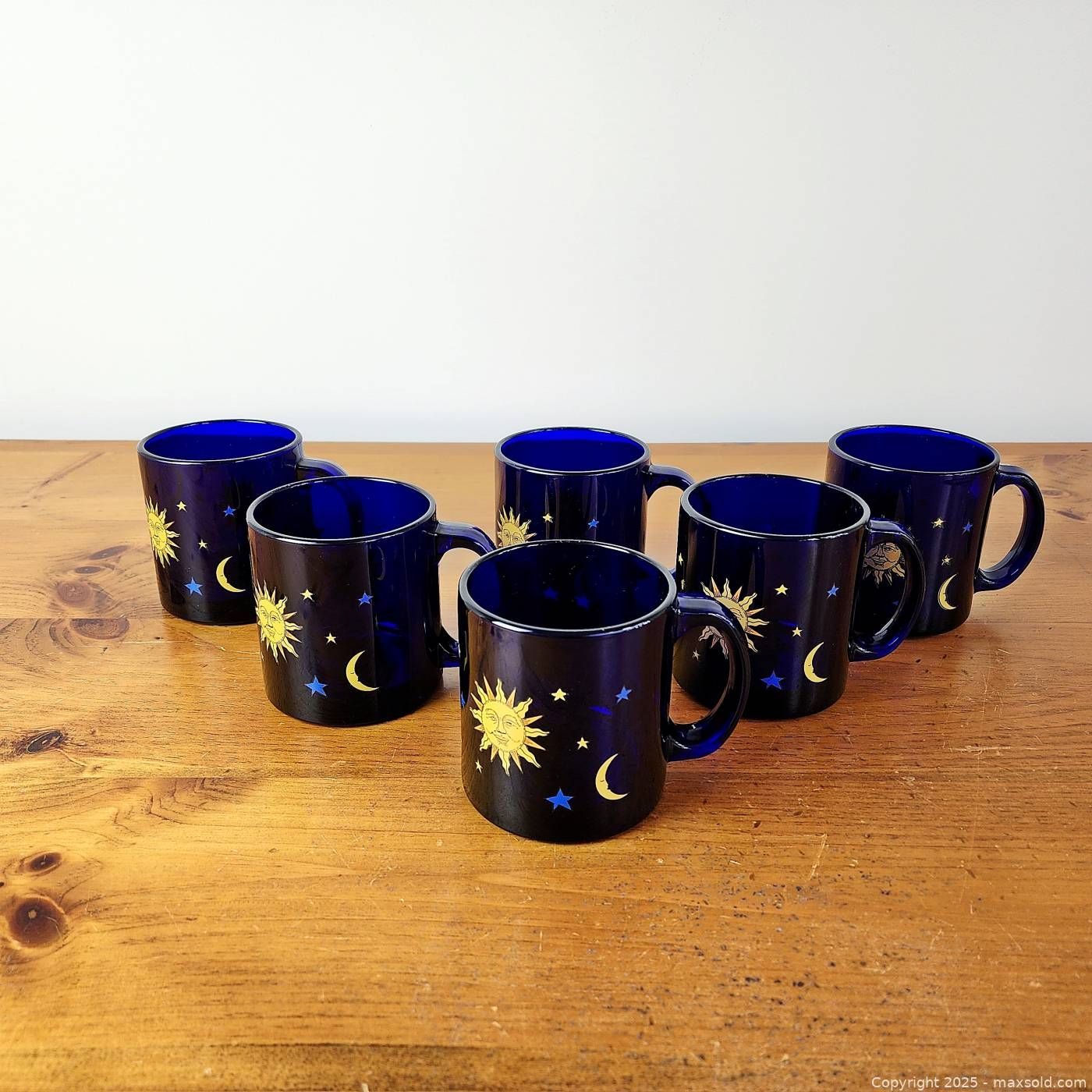 Lot of 6 Vintage Cobalt Blue Libbey Glass Celestial Coffee Mugs with Yellow Sun and Moon Design ...