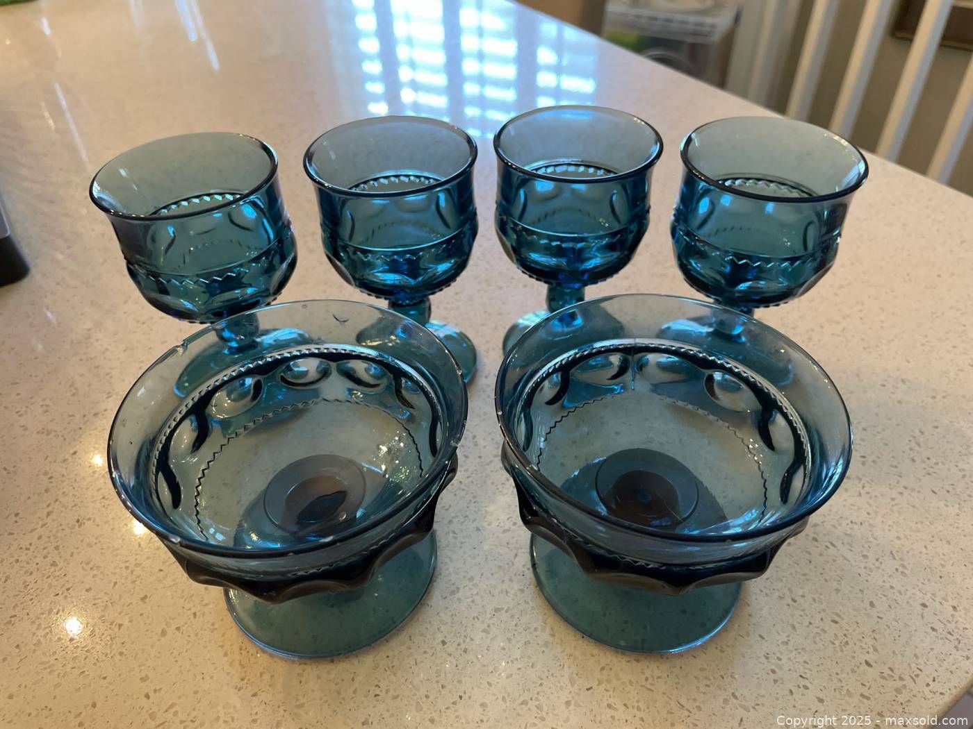 Indiana Glass teal blue Kings Crown goblets and dessert dishes | Maxsold