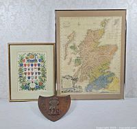 Framed Scotland Map, Clans Heraldry Print, Carved Wooden Shield | Maxsold
