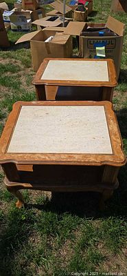 Tall floor photo frame, 3 side tables and 2 plant stands | Maxsold
