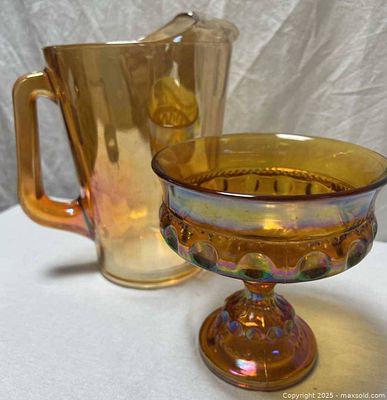 Indiana Glass Amber Carnival Glass Pitcher and Footed Compote | Maxsold