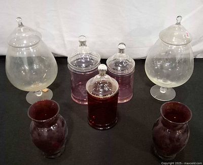 Clear and Ruby Red Lidded Glass Jars and Vases | Maxsold