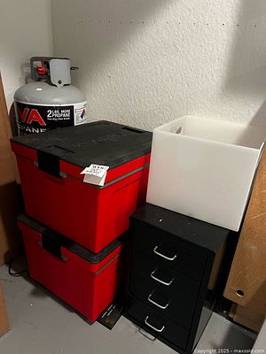 SentrySafe totes, 4-drawer cabinet, bin & propane tank | Maxsold
