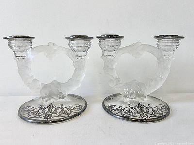 Silver Plated Art Deco Frosted Glass Double Candlesticks Pair | Maxsold