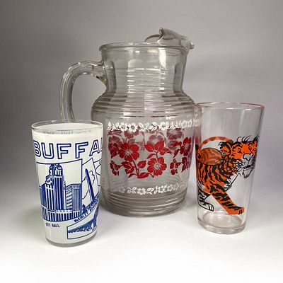 Hazel Atlas floral pitcher with Buffalo and Tony the Tiger tumblers ...