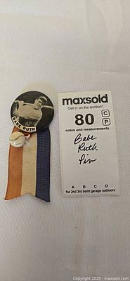 Vintage Babe Ruth pinback button with ribbon and baseball charm | Maxsold