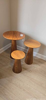 Set of 3 solid wood cone pedestal accent tables | Maxsold