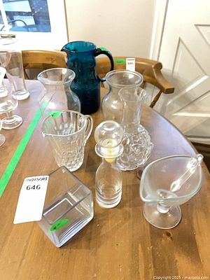 Glass vases, pitcher, cruet, decanter, compote – 9 pcs | Maxsold