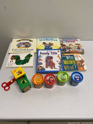 Kids board books, Steady Ellie game, Crayola dough, wooden truck ...