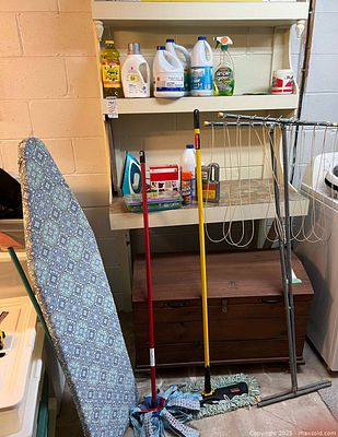 Panasonic iron, ironing board, drying rack, mop, broom, cleaners | Maxsold
