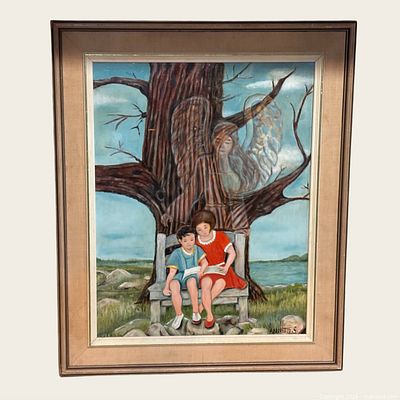 Framed Oil Painting of Two Children Under Tree Signed Annette S. | Maxsold