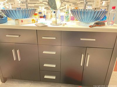 Blue Fluted Glass Vessel Sinks With 60" Wood Vanity | Maxsold