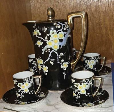 Hand-painted Nippon porcelain chocolate pot with four matching cups and ...