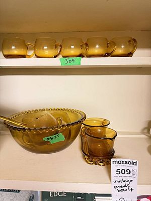 Vintage amber pressed glass punch bowl set | Maxsold