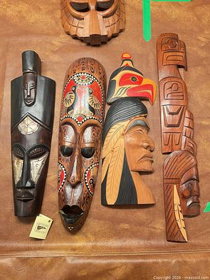 Hand Carved Wooden Masks And Plaque | Maxsold