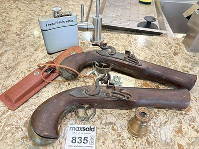 Decorative Flintlock Pistols, Hip Flask, Pocket Tool & Brass Monocular ...