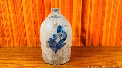 Antique Stoneware Merchant Jug With Blue Flower W.B. Welding | Maxsold