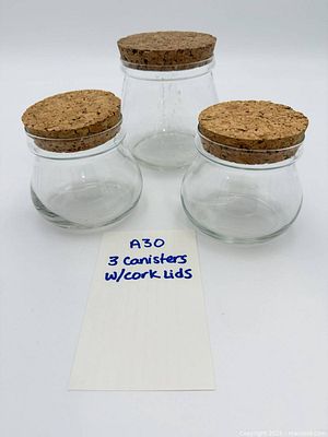 3 glass canisters with cork lids | Maxsold