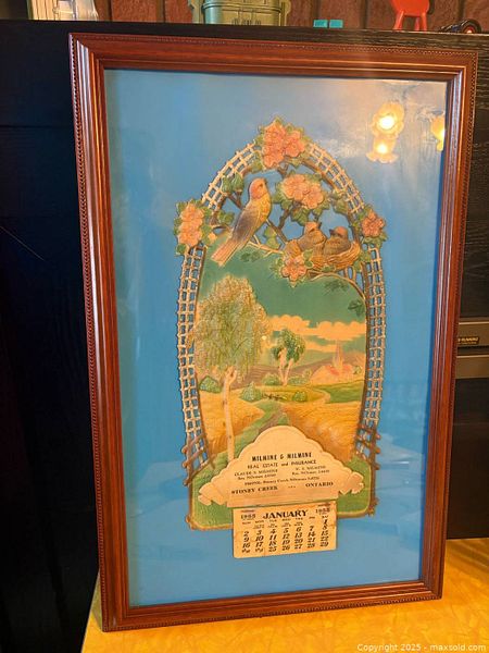 Vintage 1955 framed calendar with embossed bird scene 13x19in | Maxsold