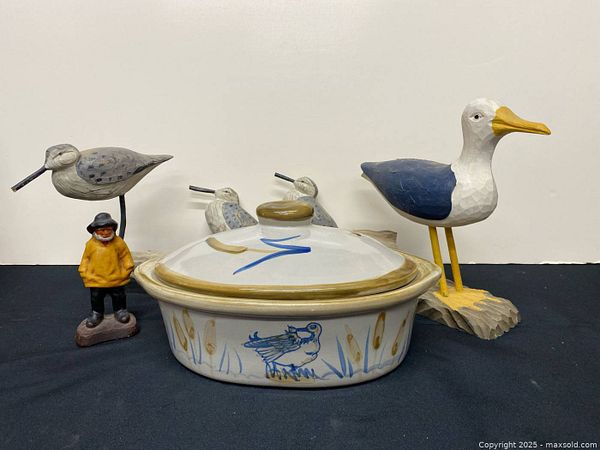 Louisville Stoneware lidded crock & shore bird figurines | Maxsold