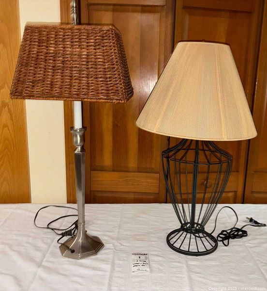 Brushed Metal And Wire Frame Table Lamps | Maxsold