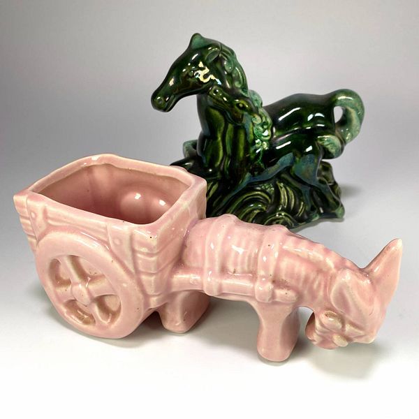 Vintage Arco green horse planter & pink donkey cart planter | Maxsold