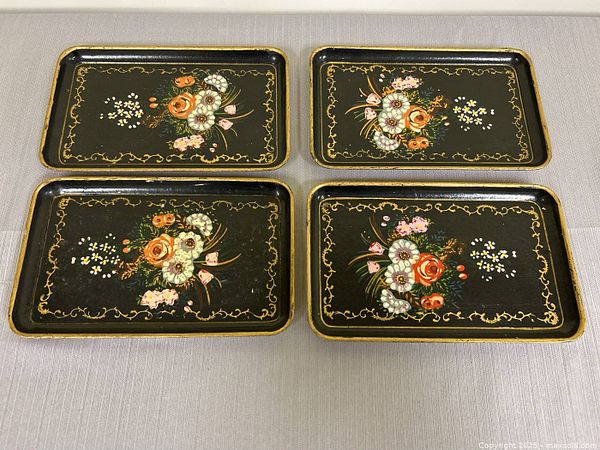 Set of 4 hand-painted floral metal trays | Maxsold