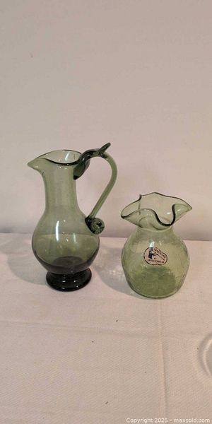Jamestown Glass House hand-blown green pitcher and crackle vase | Maxsold