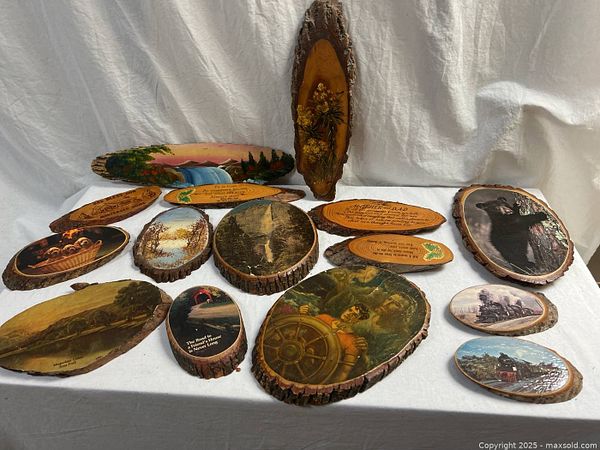 Vintage live-edge wood wall plaques – scenic & sayings | Maxsold