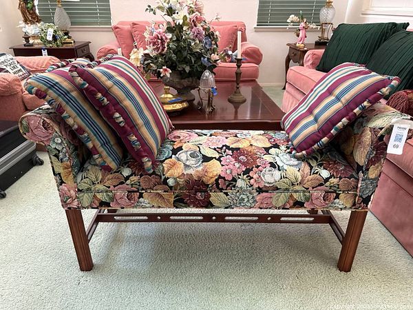 Floral tapestry upholstered bench with rolled arms | Maxsold