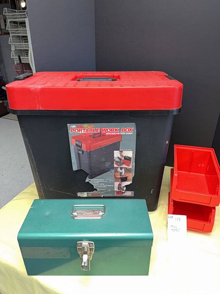 Hard plastic toolbox, green toolbox, red bins | Maxsold