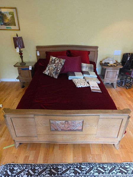 French Art Deco double bed frame & linens | Maxsold