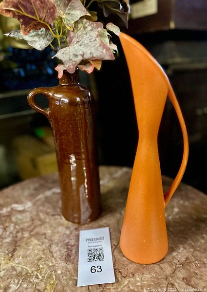 Hardy Glenwood MCM Orange Vase & Brown Stoneware Finger Jug Vase | Maxsold
