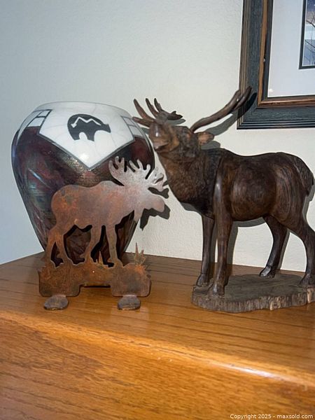 Rustic wildlife ceramic bowl, wood elk and metal moose | Maxsold