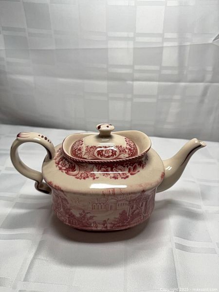 Ceramic Teapot, Cream with Red Transferware | Maxsold