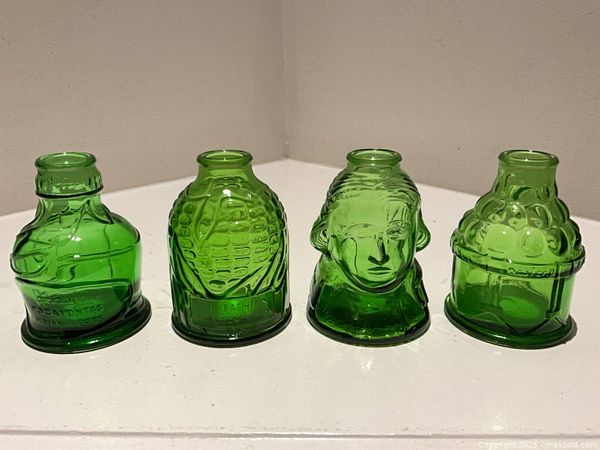 Vintage Wheaton green glass figural bottles, 4 | Maxsold
