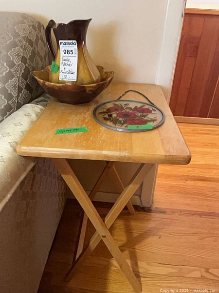 Folding TV table, ceramic pitcher with basin, stained glass sun-catcher ...