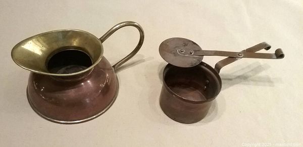 Vintage copper and brass pitcher, copper fuel burner | Maxsold