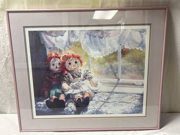 Framed Raggedy Ann and Andy watercolor print, signed Judy Harmon | Maxsold