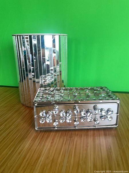 Mirrored trinket box with crystal floral motif and cylindrical mirrored ...