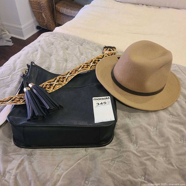 Black faux leather purse and beige felt fedora hat | Maxsold