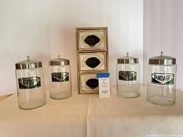 Glass Apothecary Jars & 3-Drawer Chest | Maxsold