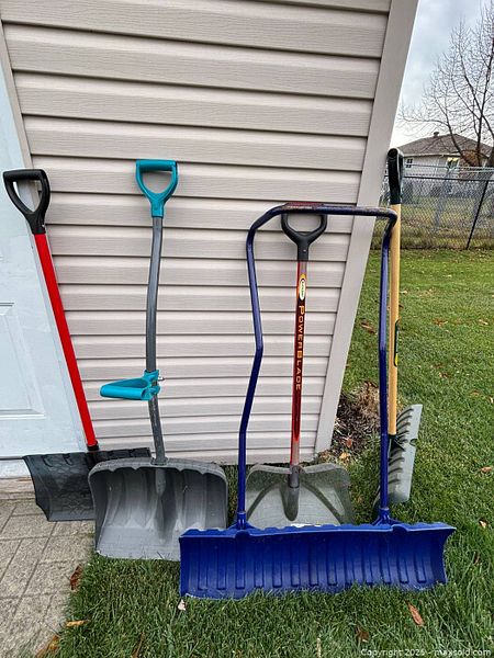Lot of 5 snow shovels and push sled | Maxsold