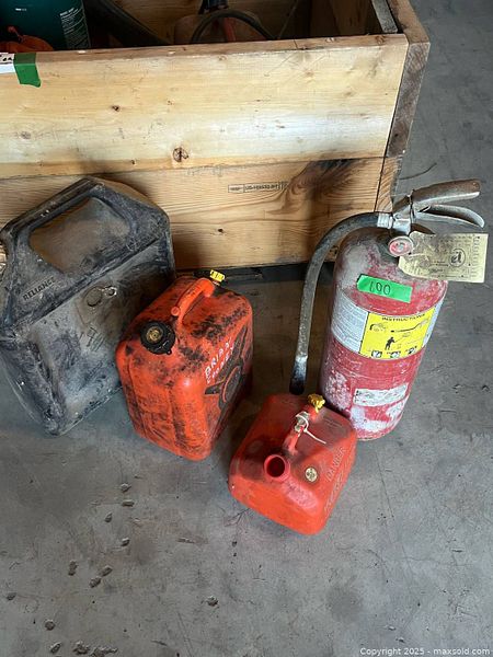 Fire extinguisher with three gas cans | Maxsold