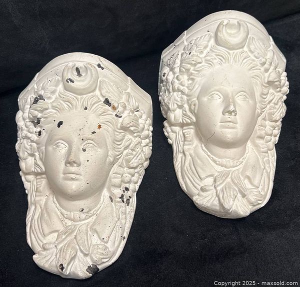 Pair white ceramic classical face wall plaques | Maxsold
