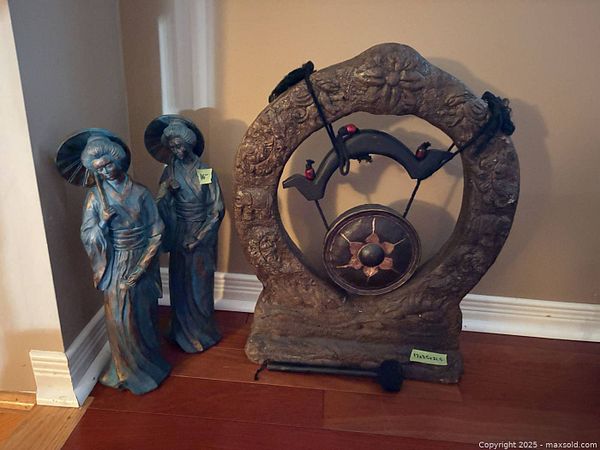 Gong with stand, two 16" figures, glass pinwheel art | Maxsold