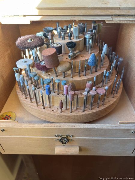 Wooden rotary tool bit holder with bits | Maxsold