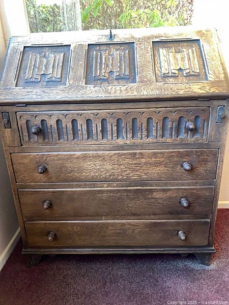 Vintage carved oak drop-front bureau writing desk | Maxsold