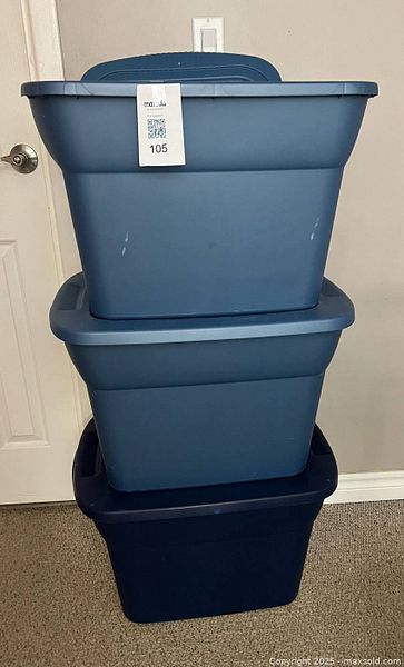 Three large blue plastic storage bins with lids | Maxsold